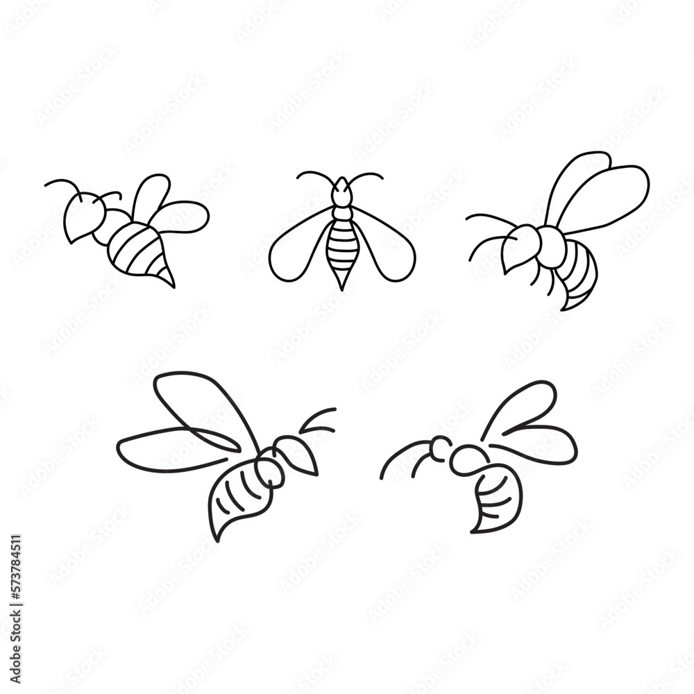 Honeybee line art clipart set. Linear collection of doodle bees. Vector ...