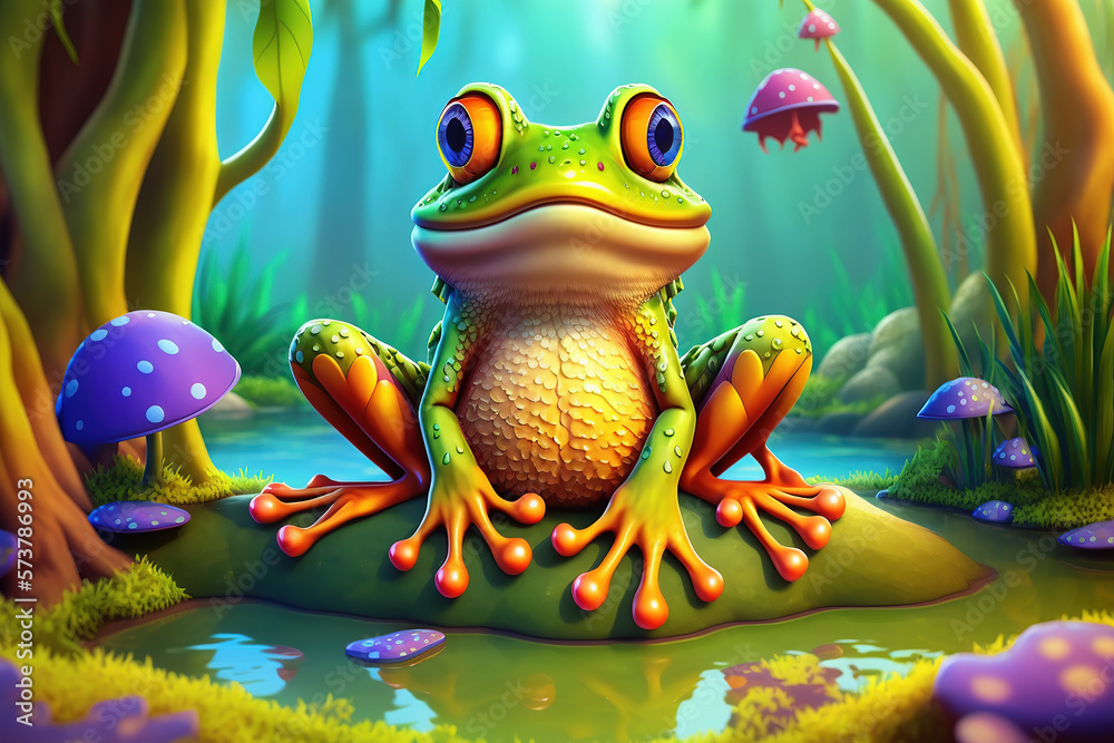 Cute frog in a pond in vibrant colours, wonderland, fantasy, cartoon ...