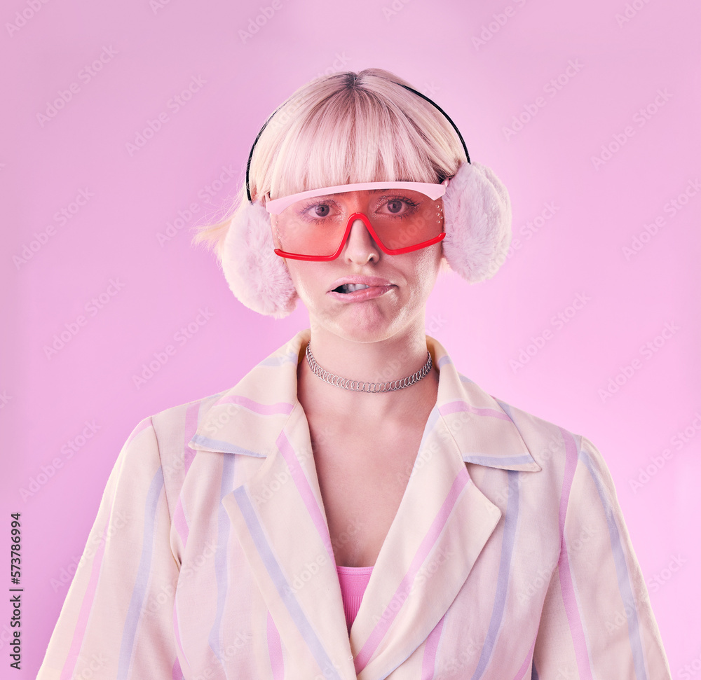 Fashion, quirky and portrait of woman in studio for funny or comic face ...