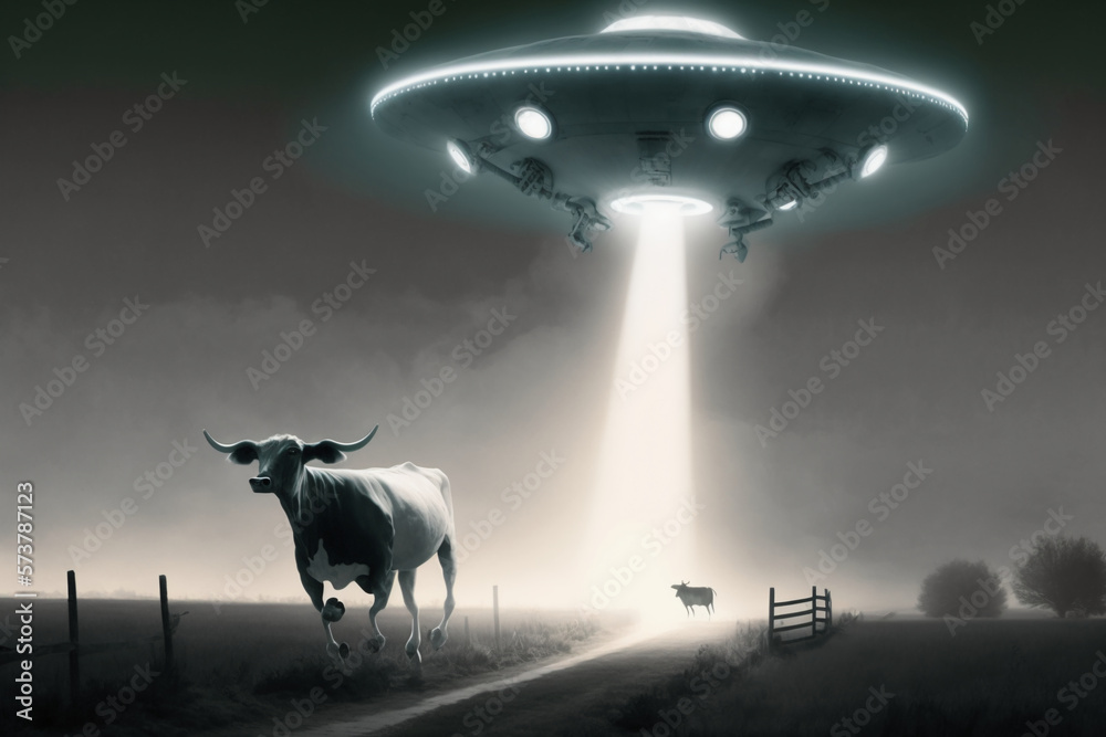 A UFO in the sky with a cow in its tractor beam the cow Generative AI ...