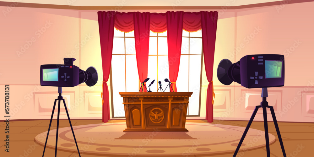 Press conference room ready for interview. Vector cartoon illustration ...