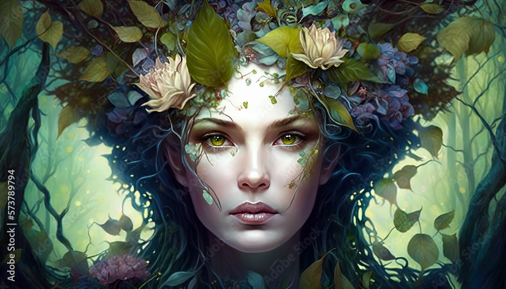 Beautiful dryad goddess in forest. Dryad goddess merging with a magical ...