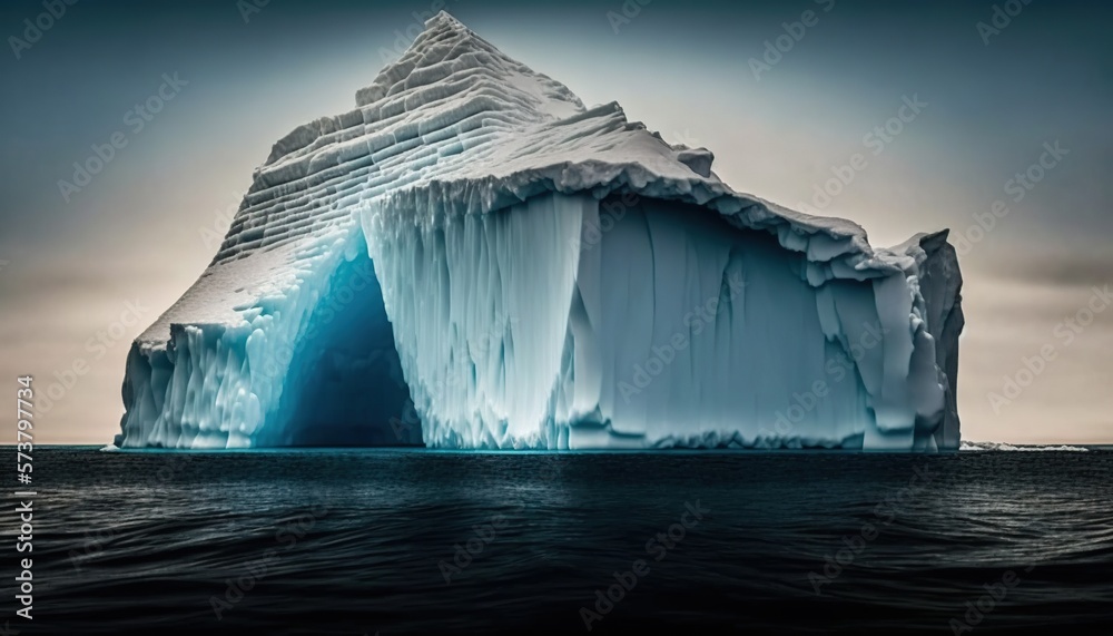 a large iceberg floating in the ocean with a dark sky behind it and a ...