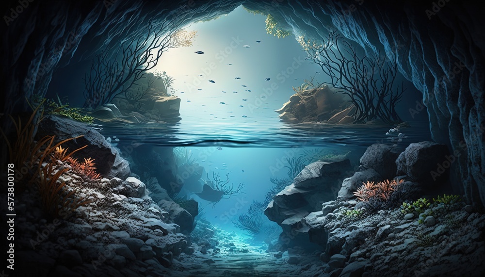 ภาพประกอบสต็อก rock chamber cave room under water mysterious atmosphere ...