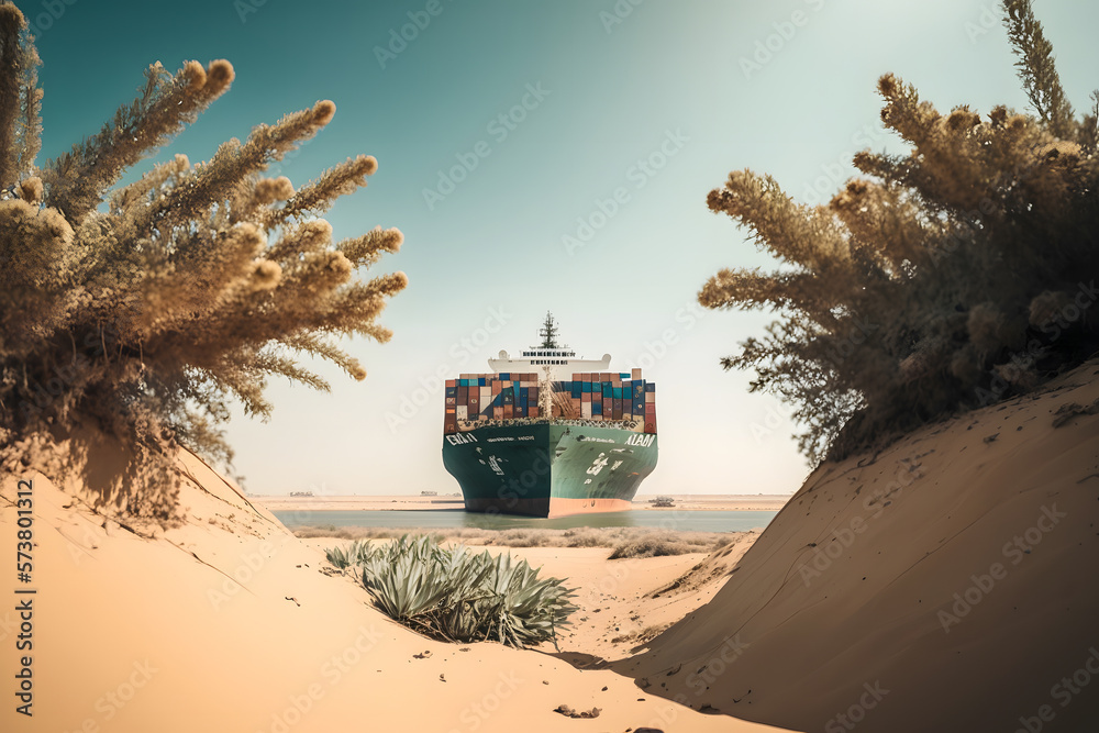 Container cargo ship accident crash sandy canal. Concept Global problem ...