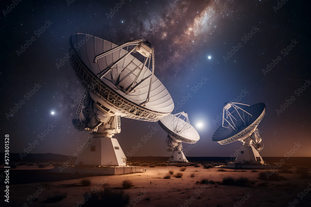Radio telescopes night sky with Milky Way. Concept search for ...