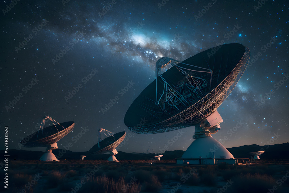 Radio telescopes night sky with Milky Way. Concept search for ...