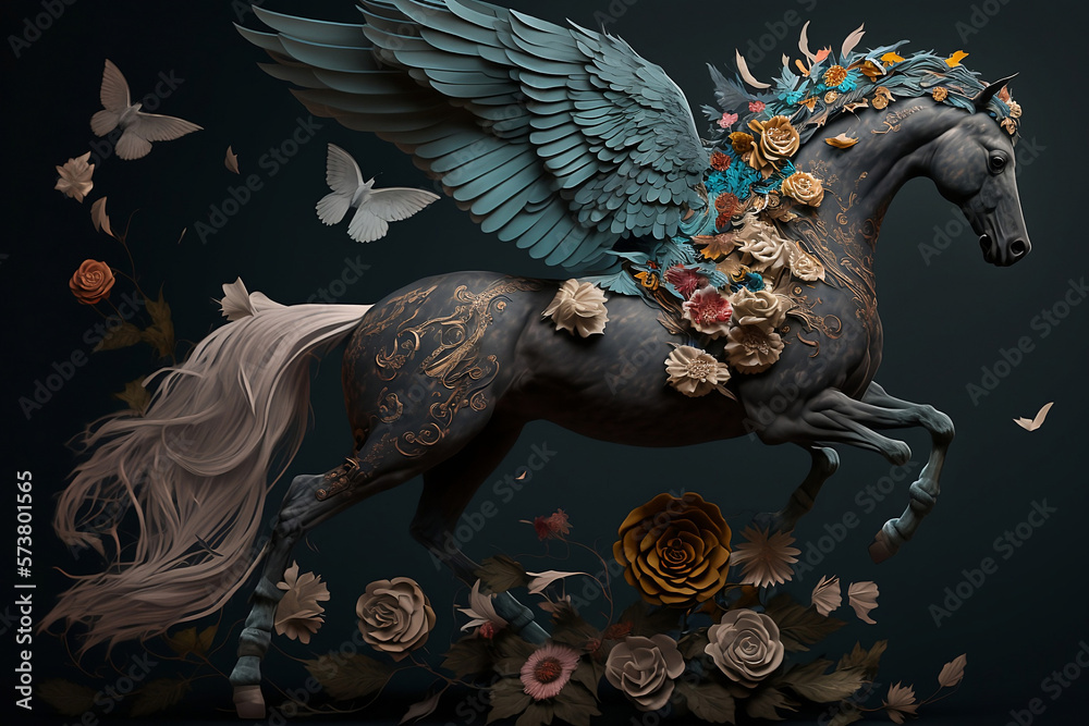 a pegasus with kind eyes, in the woods, standing next to a stream with ...