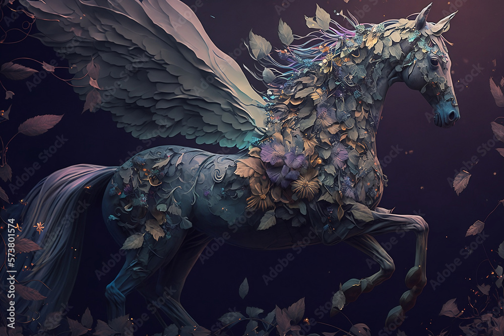 a pegasus with kind eyes, in the woods, standing next to a stream with ...