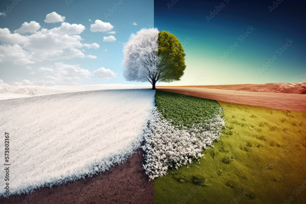 Nature view with half snow and half spring, Symbol of changing seasons ...