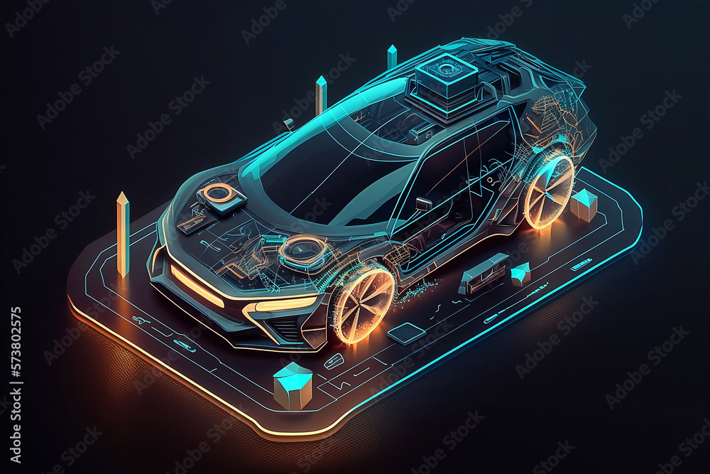 Concept of smart car technology. Car isometric hologram, in HUD style ...