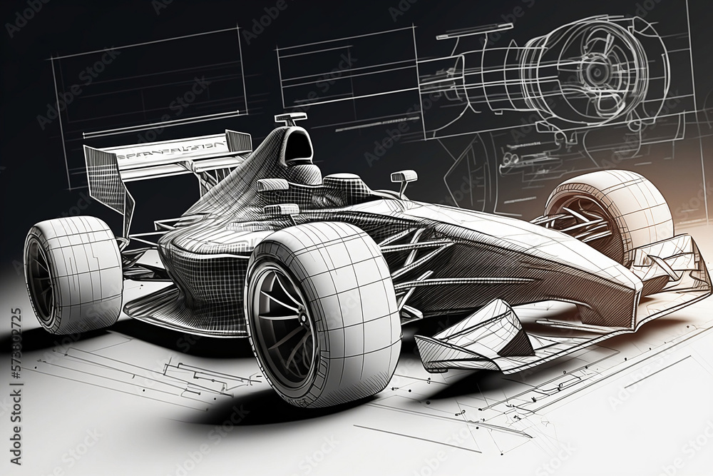 Formula car technology wireframe sketch perspective back view. Formula ...