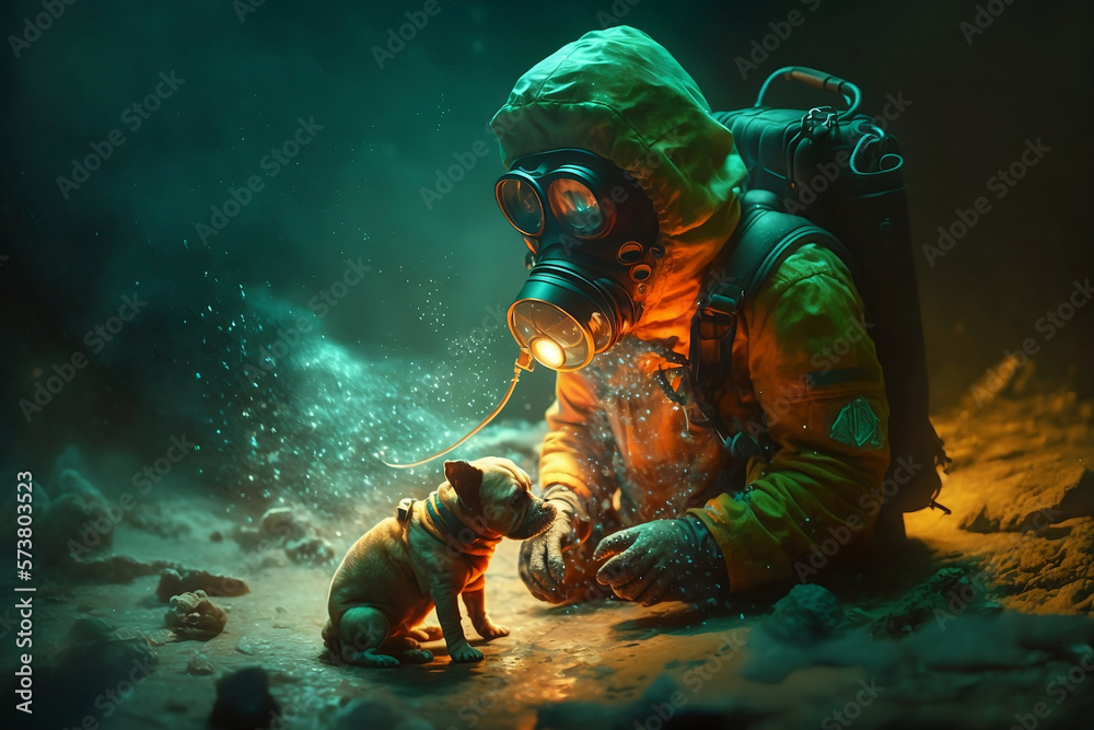 A person in a gas mask in a polluted environment saves the dog ...