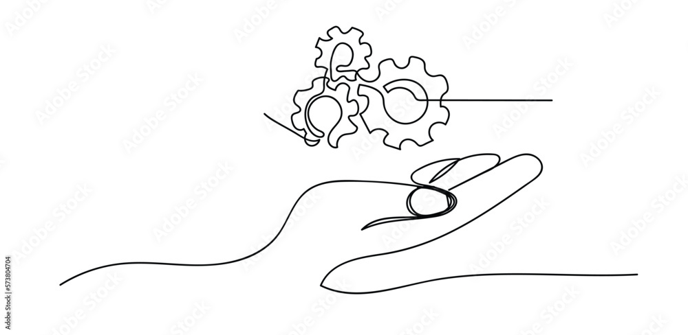 Continuous line drawing of hands holding metal gears. hand drawn metal ...
