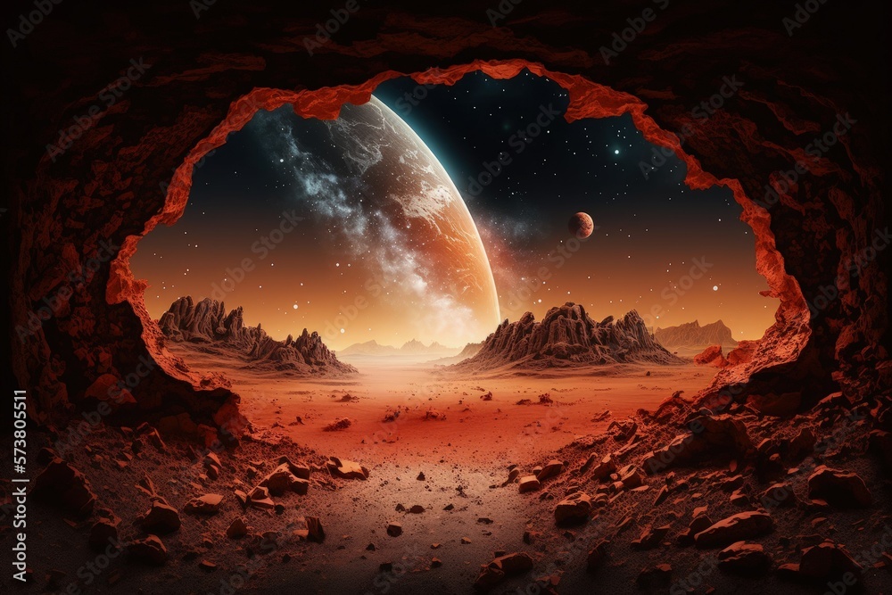 Planetary background in space. View from Mars. The moon and stars on a ...