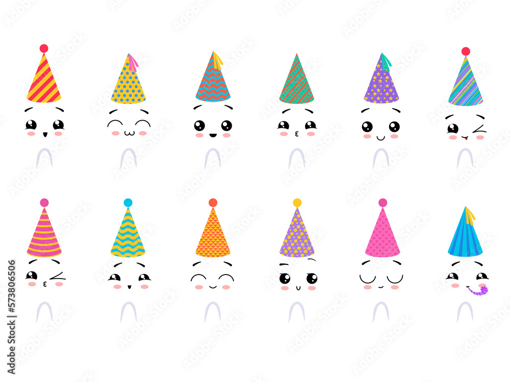 Collection of cute kawaii cartoon tooth with party hat. Illustration on ...