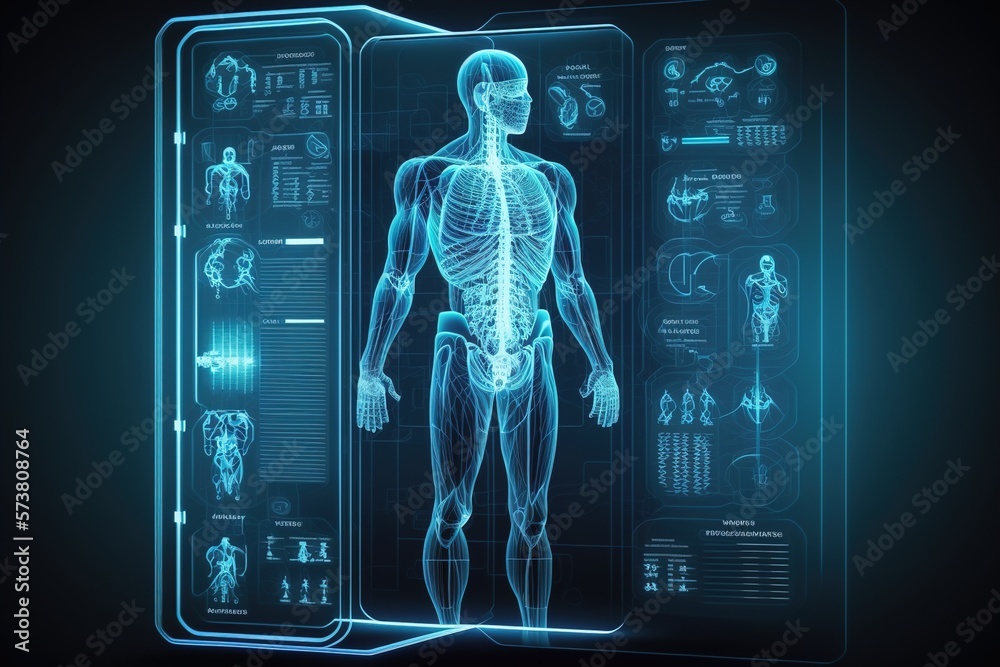 Digital x-ray human body holographic scan projection on dark blue background 3D rendering. The ...
