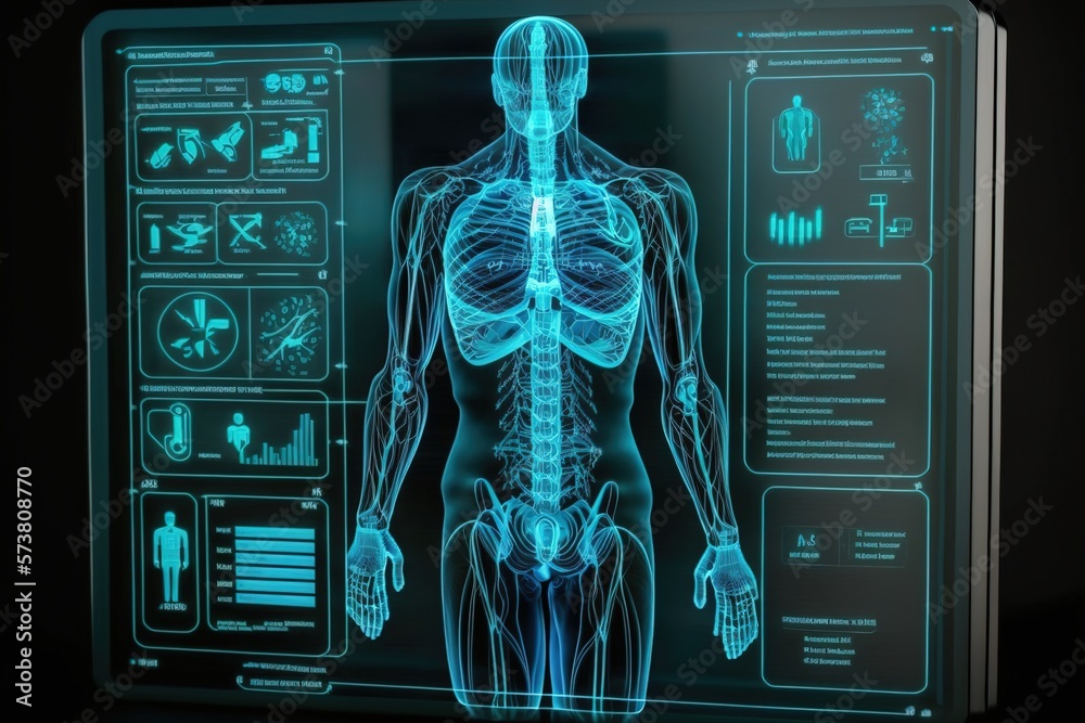 Digital x-ray human body holographic scan projection on dark blue background 3D rendering. The ...