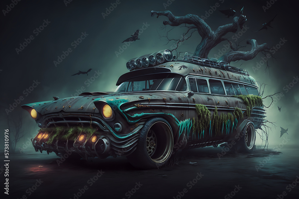 fantasy horror car trending digital fantasy art, dark hangar background ...