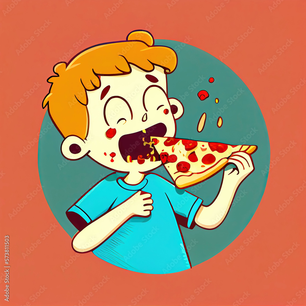 Happy cartoon boy eating slice of cheese pizza (Generative AI) Stock ...