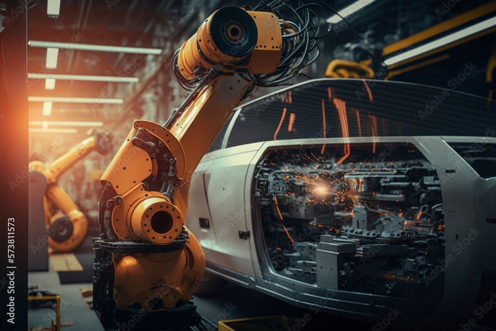 Robotic arm assembling a futuristic automobile in a factory ...