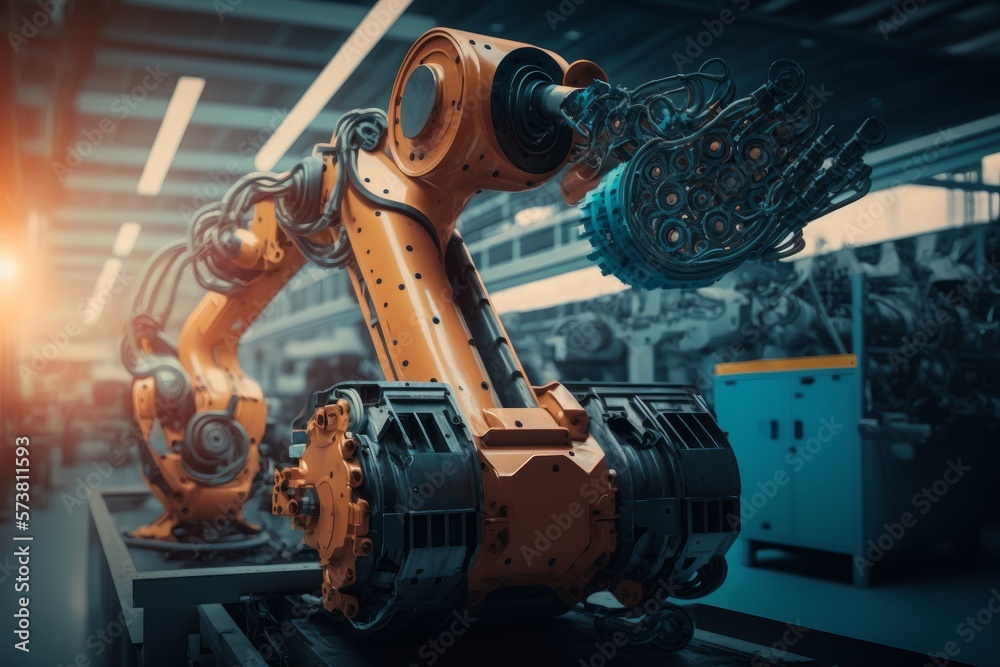 Robotic arm assembling a futuristic automobile in a factory ...