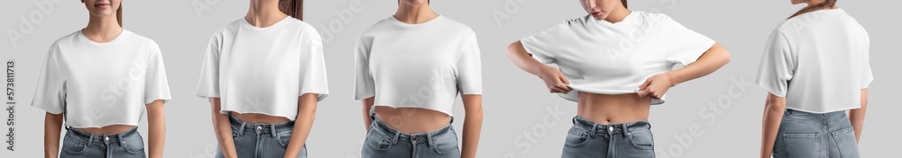 Mockup of white crop top on beautiful girl in jeans, fashion clothes ...