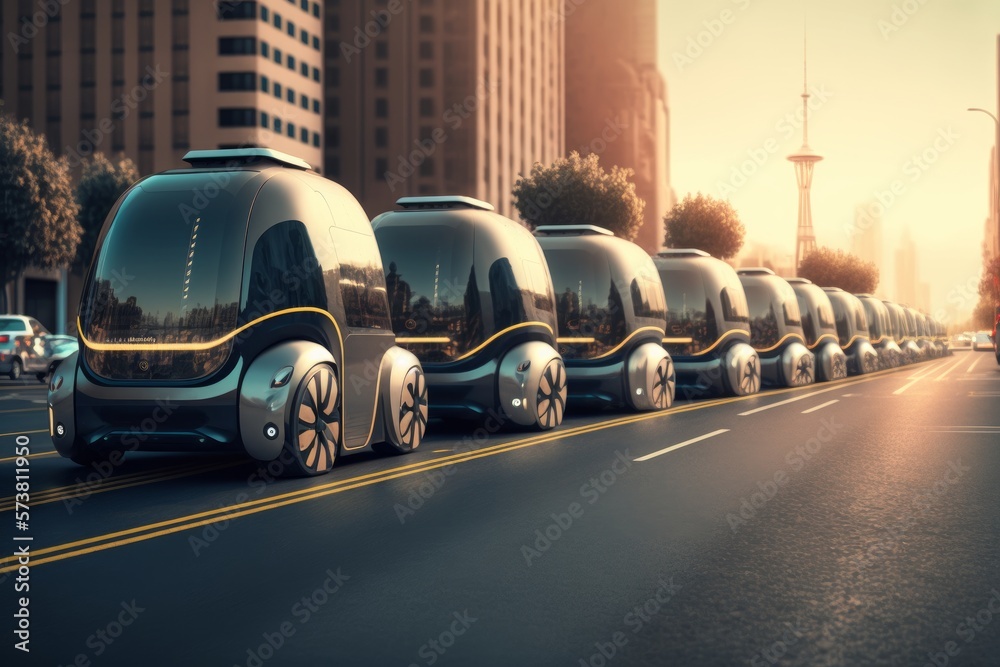 Autonomous vehicle fleet on a city street. Future of transportation ...