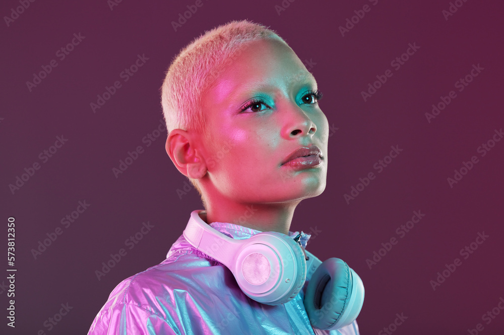 Cyberpunk fashion, black woman and headphones in studio, holographic ...