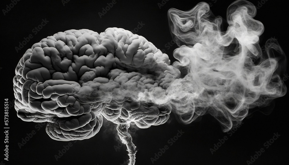 a black and white photo of a smoke cloud in the shape of a human brain ...