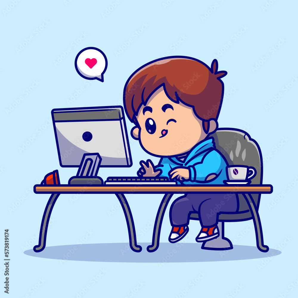 Cute Boy Working On Computer Cartoon Vector Icon Illustration. People ...