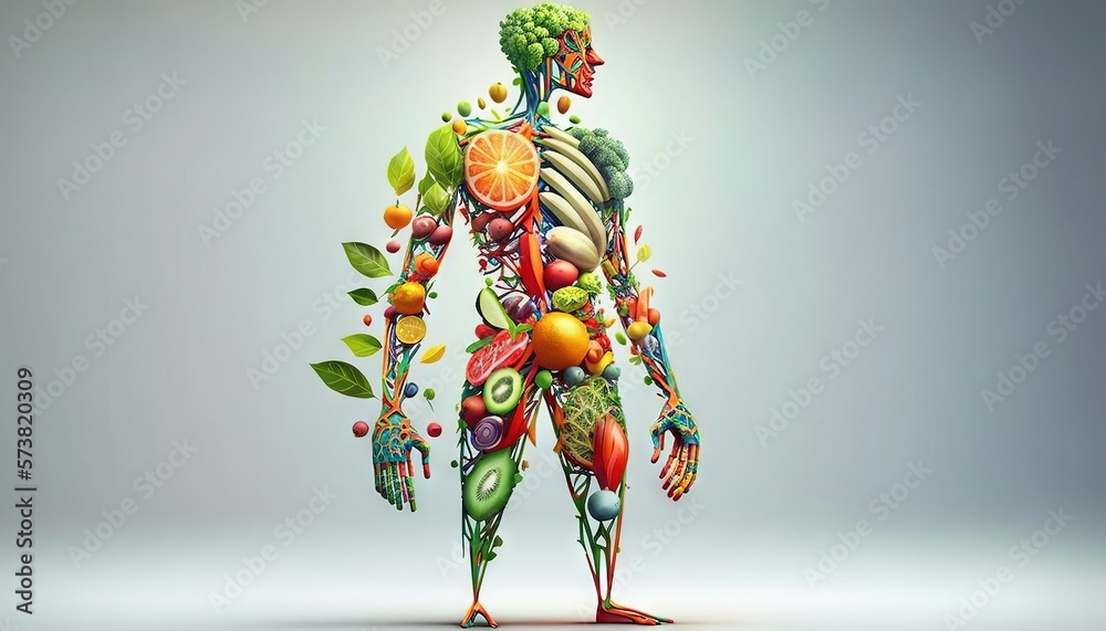 a human body made up of fruits and vegetables with a lot of vitamins on ...