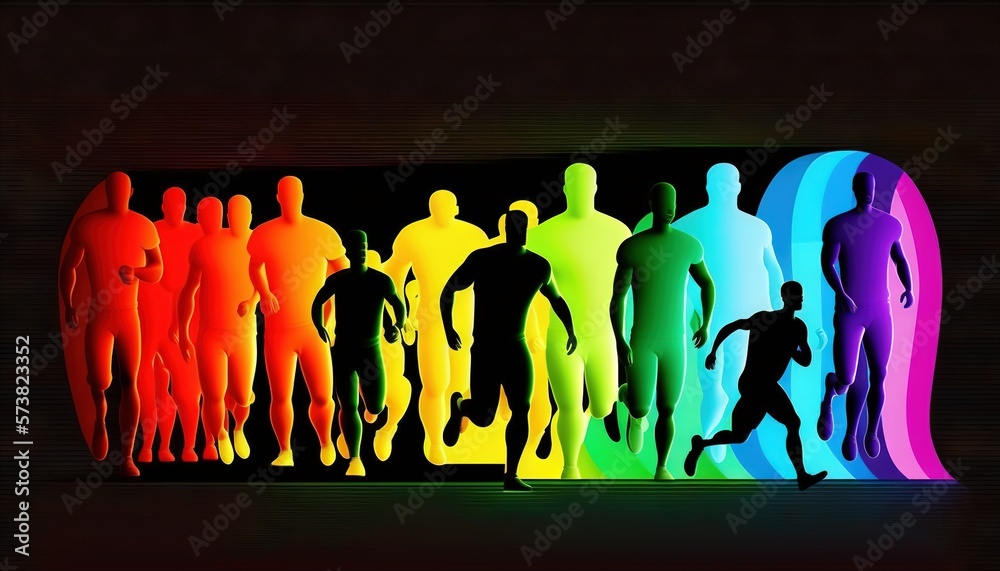 a group of silhouettes of people running in a rainbow colored line with ...