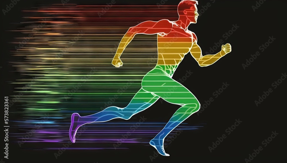 a man running in a rainbow - colored running suit on a black background ...