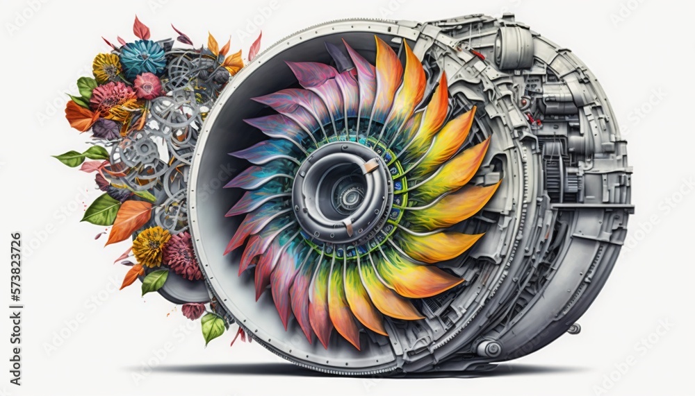 a drawing of a jet engine with colorful flowers on the side of it and a ...