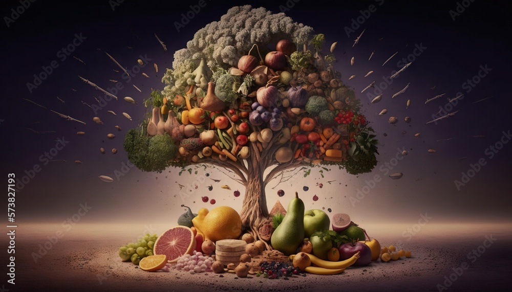 a tree with many fruits and vegetables growing out of it's roots and ...