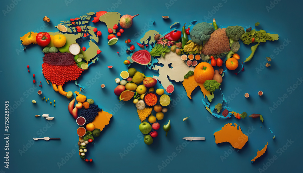 a map of the world made up of different kinds of fruits and vegetables ...