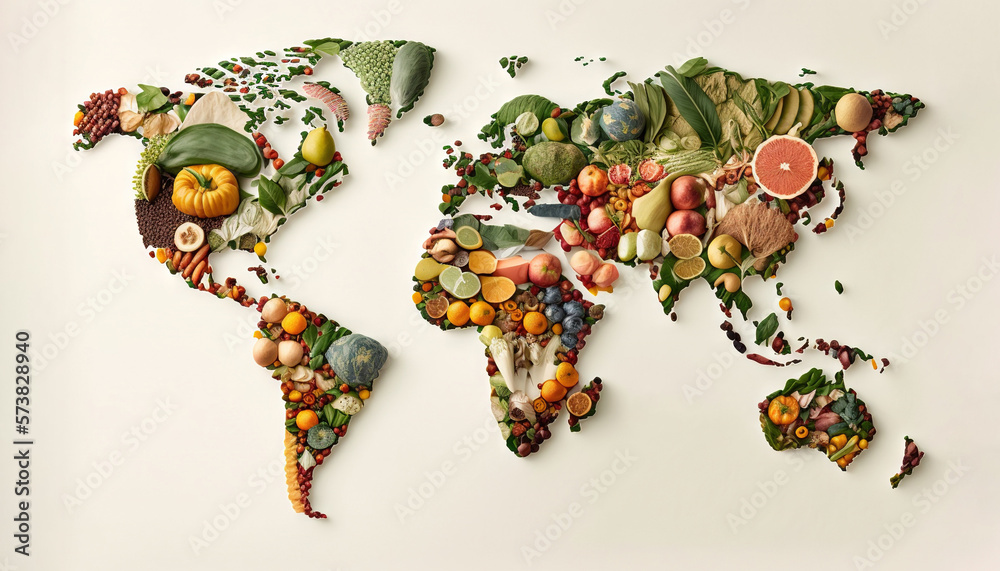 a map of the world made up of fruits and veggies on a white background ...