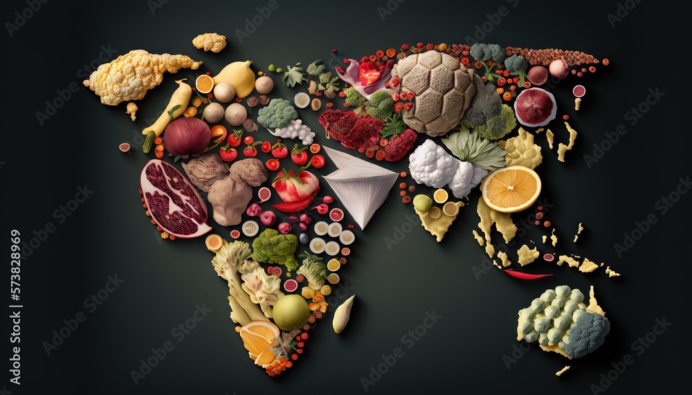 a map of the world made up of different types of food and fruits and ...