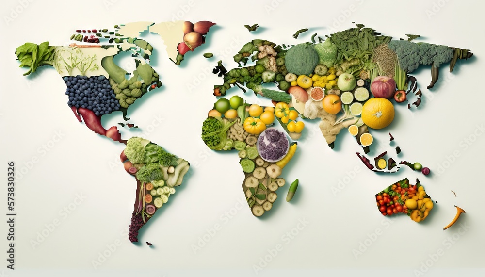 a map of the world made up of fruits and vegetables on a white ...