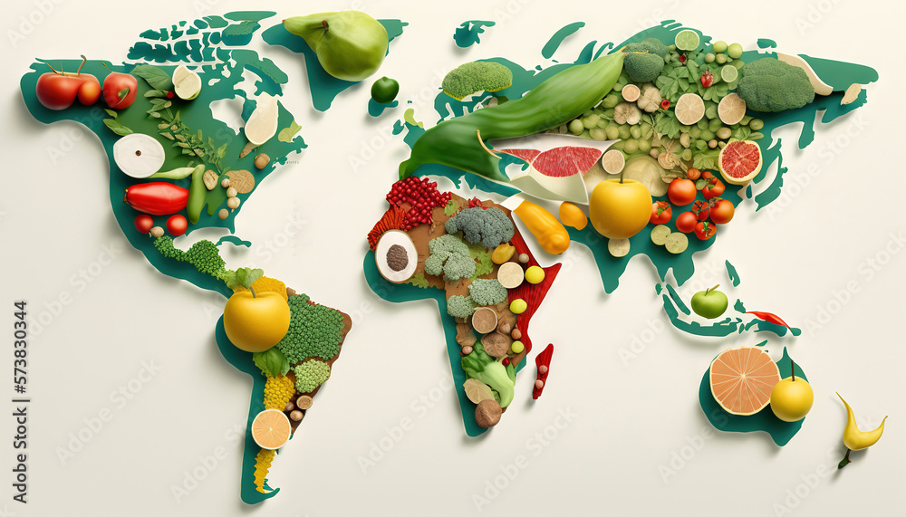 a map of the world with a variety of fruits and vegetables on it's ...