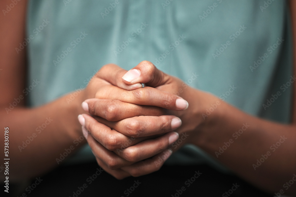 Hands together, anxiety and praying in a psychology therapy session ...