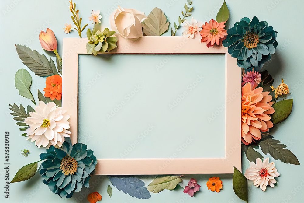 Colorful assorted flower border frame on light white background mock up ...