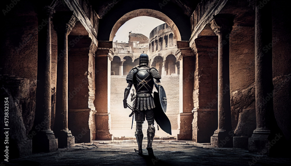Ancient roman gladiator entering the colosseum before battle ...