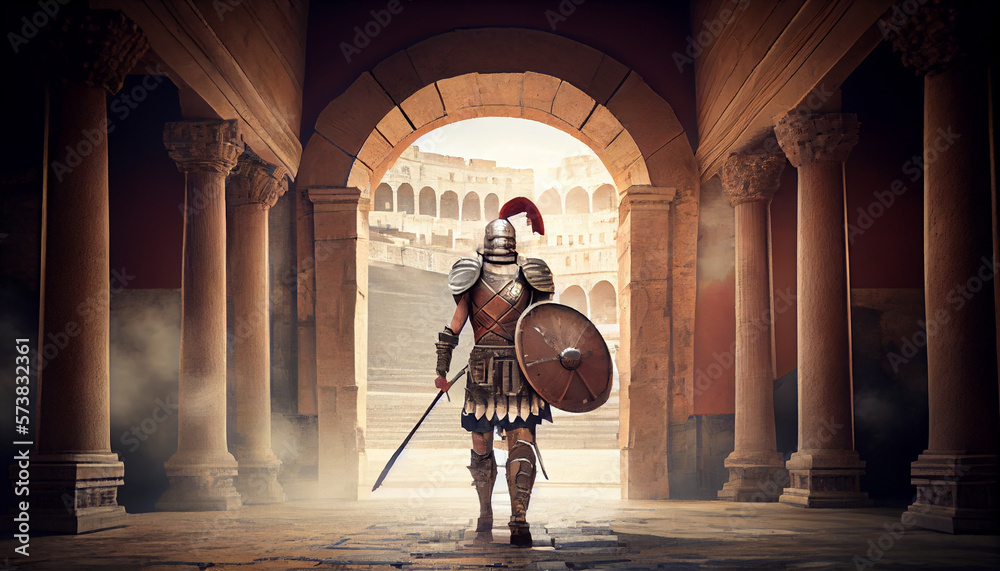 Ancient roman gladiator entering the colosseum before battle ...