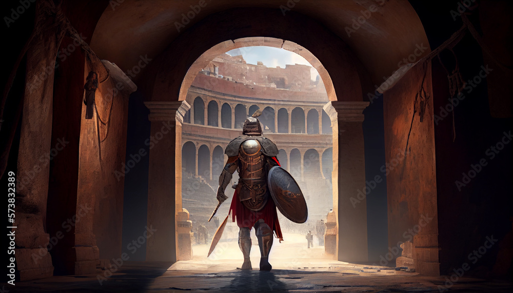 Ancient roman gladiator entering the colosseum before battle ...