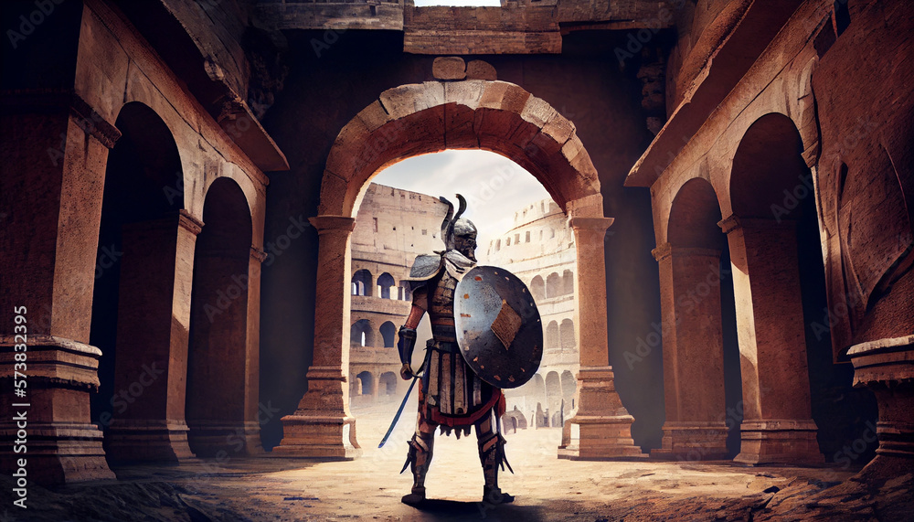 Ancient roman gladiator entering the colosseum before battle ...