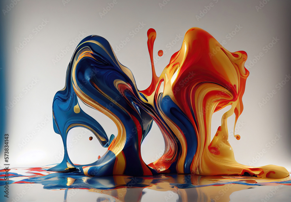 Surreal macro abstract art of gloss red, blue, and gold paint flows and ...