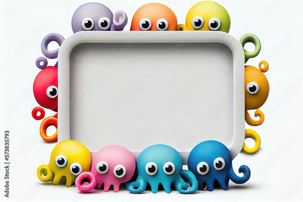 Cute cartoon octopus border frame on light white background mock-up ...