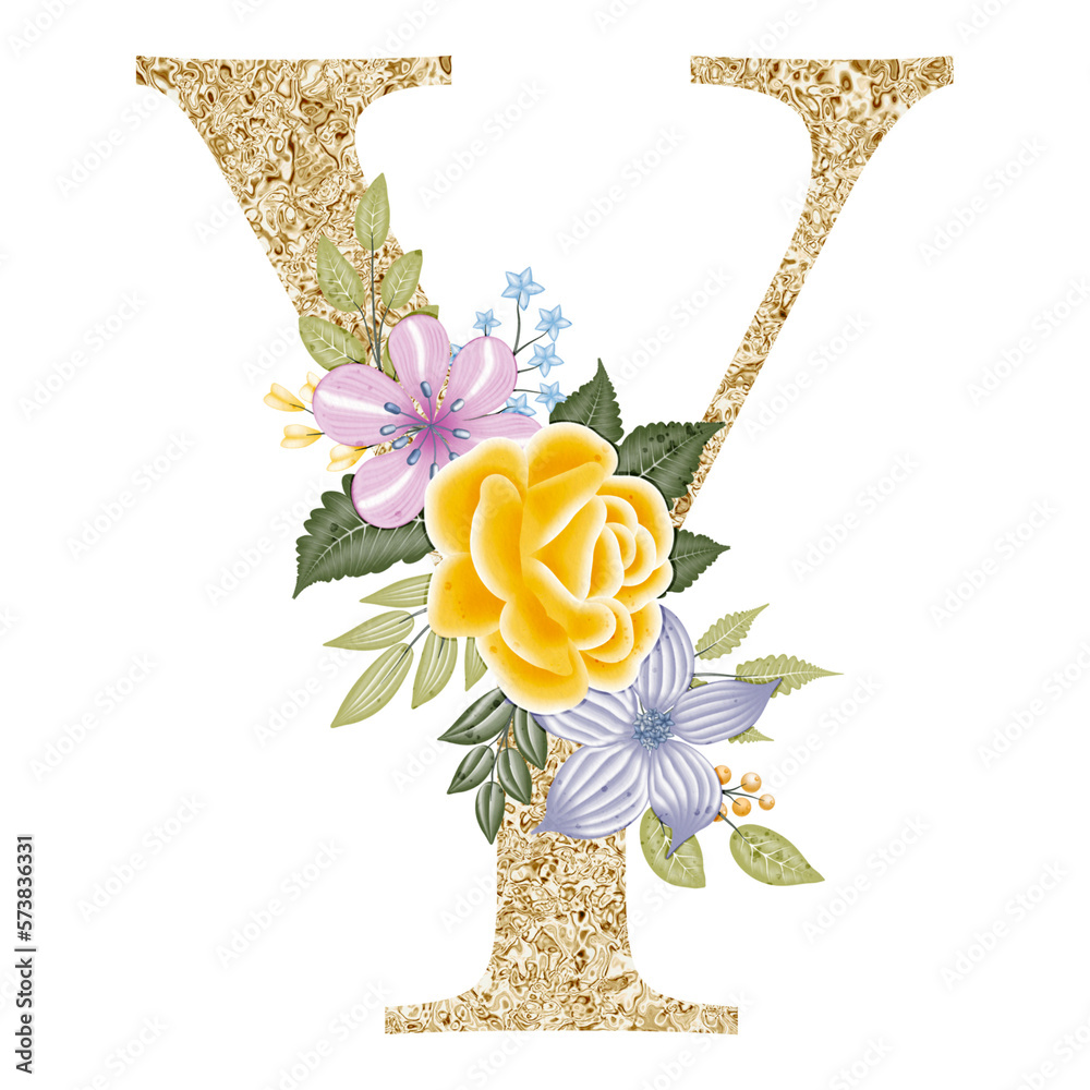 Floral alphabet, gold letter Y with watercolor flowers and leaf Stock ...